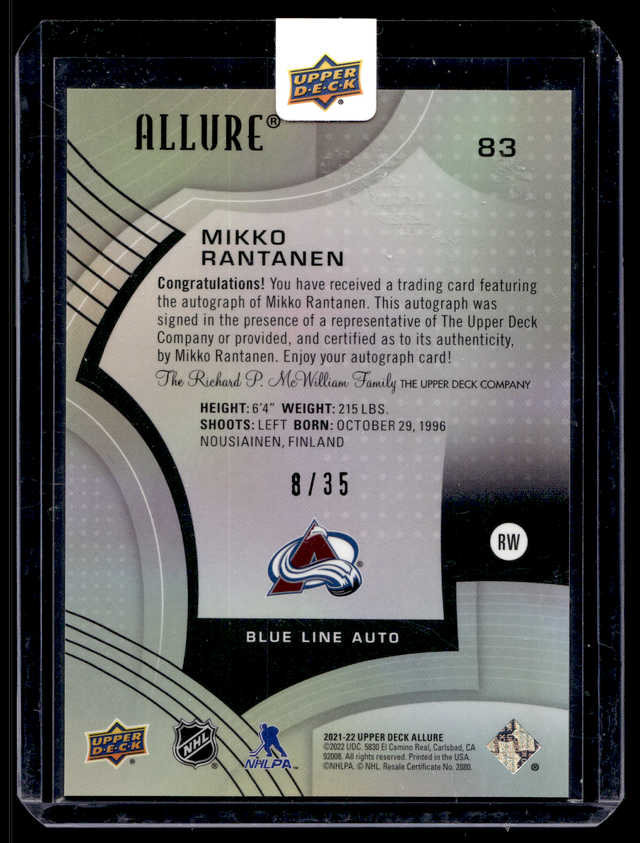 2021-22 Upper Deck Allure - Blue Line Autographs - Mikko Rantanen #83 ...